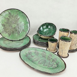 Handmade Green Ceramic Dinnerware Set: Leaf Design Plates, Bowls, Cups ...