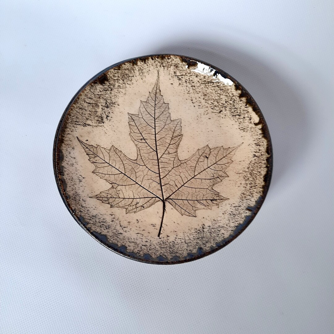5.9" Handmade Beige Ceramic Plate / Beige Leaf Print Ceramic Plate ...