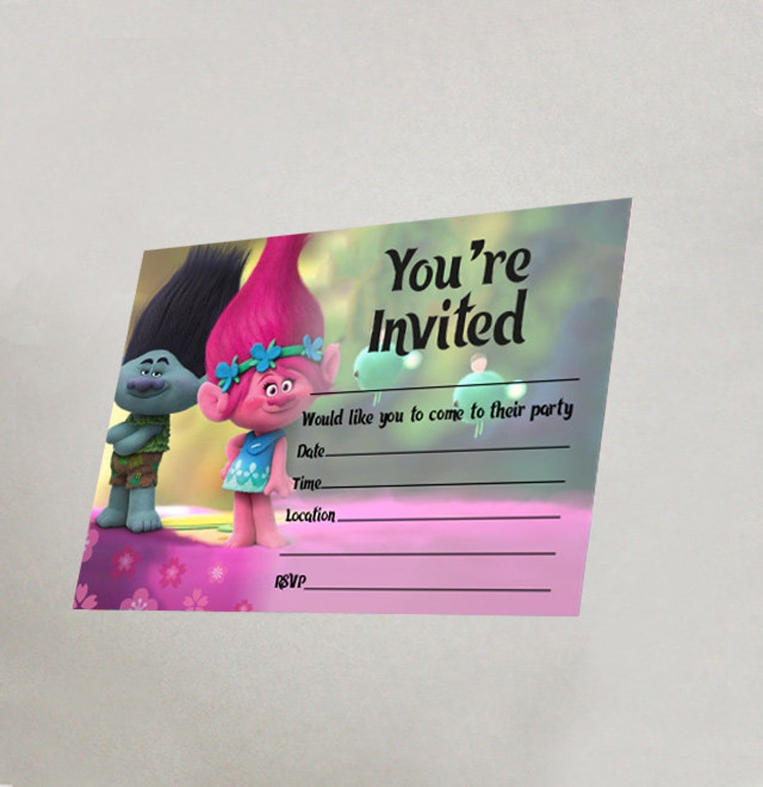 TROLL THEME Birthday Party Invitations Pink Invites Children Girls Kids ...