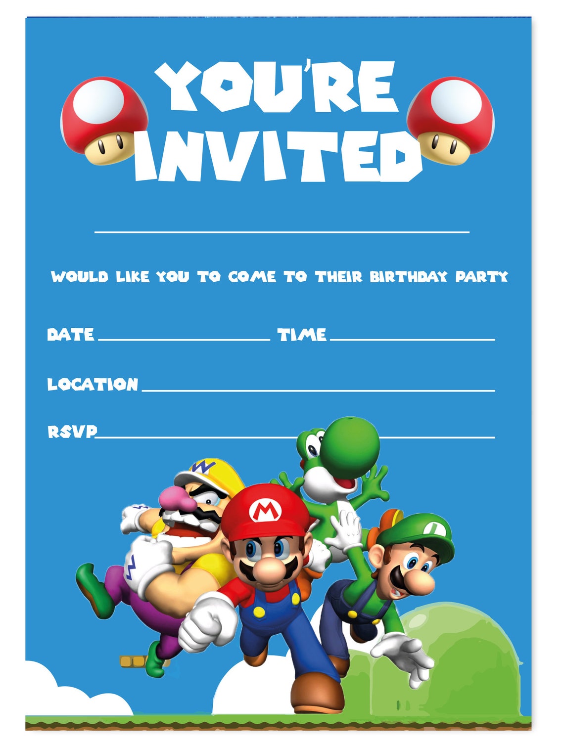 SUPER MARIO INVITATIONS birthday party invites children kids boys girls ...