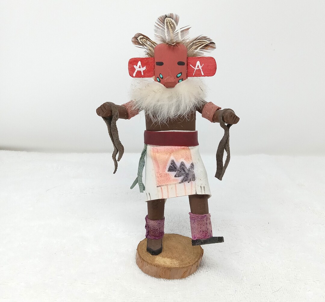 Native American Dancing Kachina Doll Red Face Feathers Handmade Signed ...