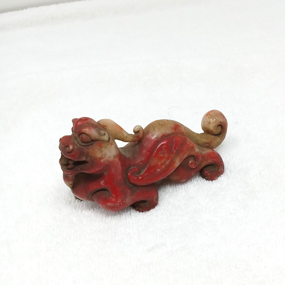 Antique Chinese Red Stone Pi Yao Dragon Carving Signed Success Wealth ...