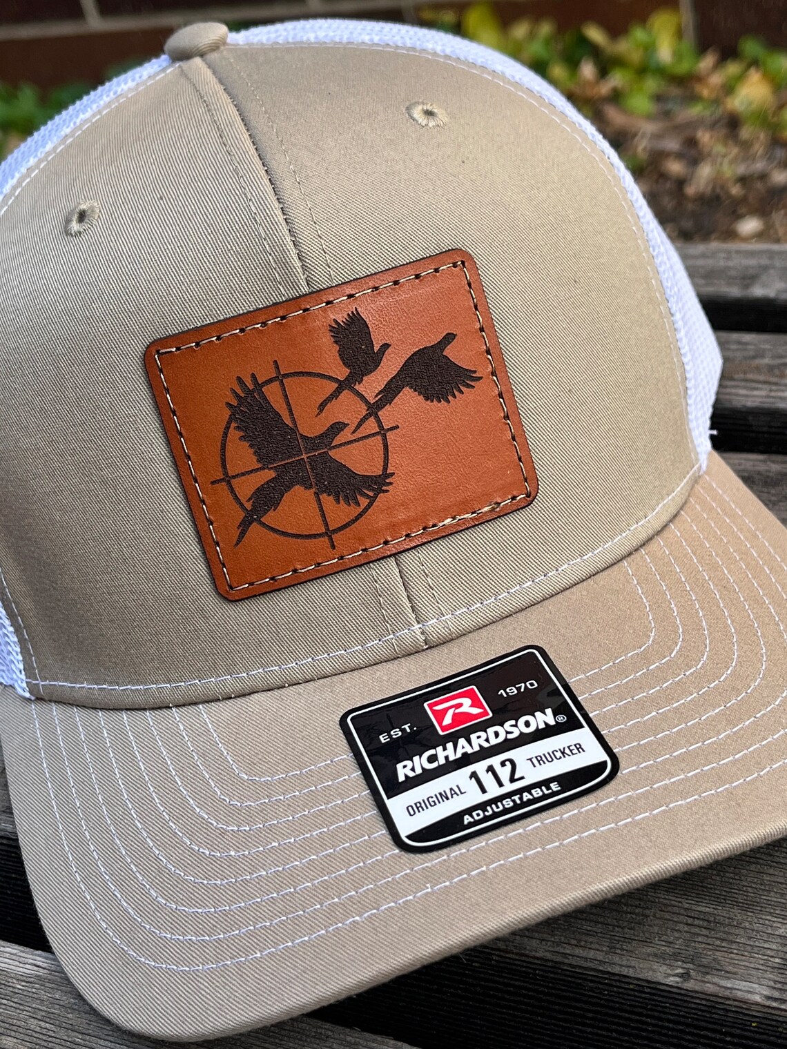 Richardson 112 Laser Engraved Leather Patch Hat- Pheasant Hunter Hunting Silhouette Hand ...