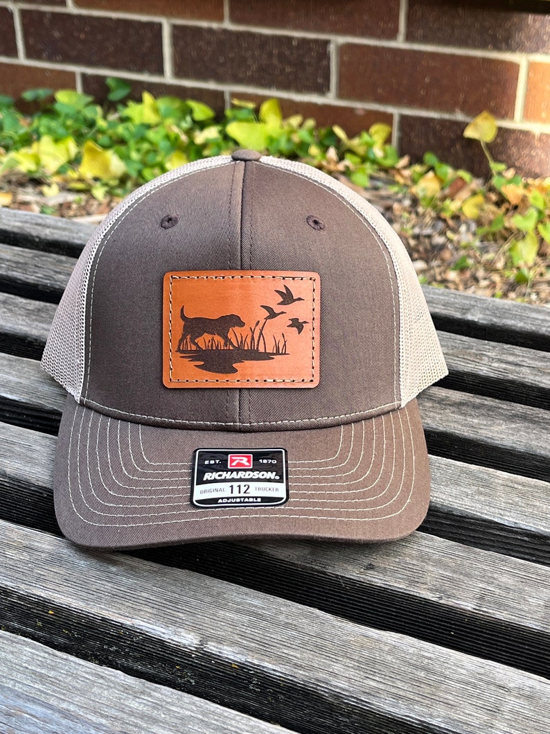 Richardson 112 Laser Engraved Leather Patch Hat-hunting Dog With Ducks Hunting Silhouette Hand ...