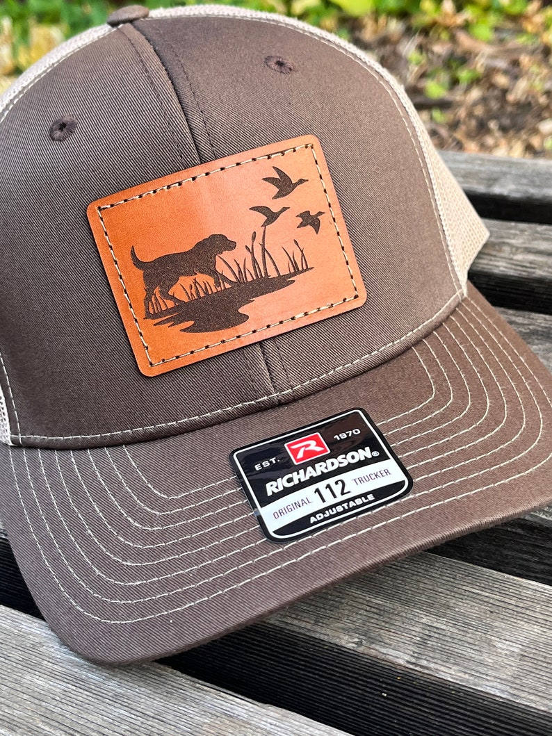 Richardson 112 Laser Engraved Leather Patch Hat-hunting Dog With Ducks Hunting Silhouette Hand ...
