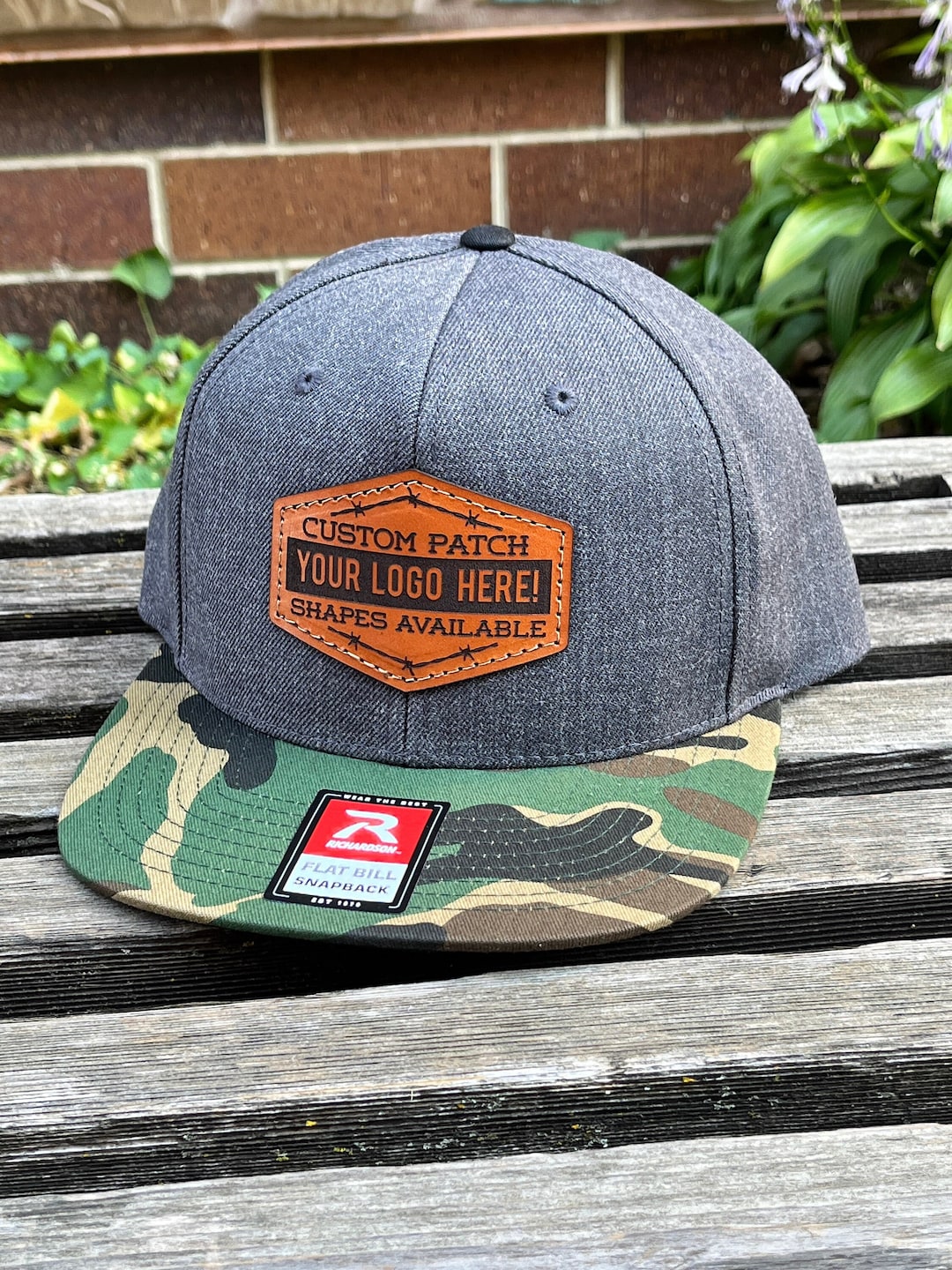 Richardson 510 Wool Flatbill Snapback Laser Engraved Leather Patch Hat- Custom Company Business ...