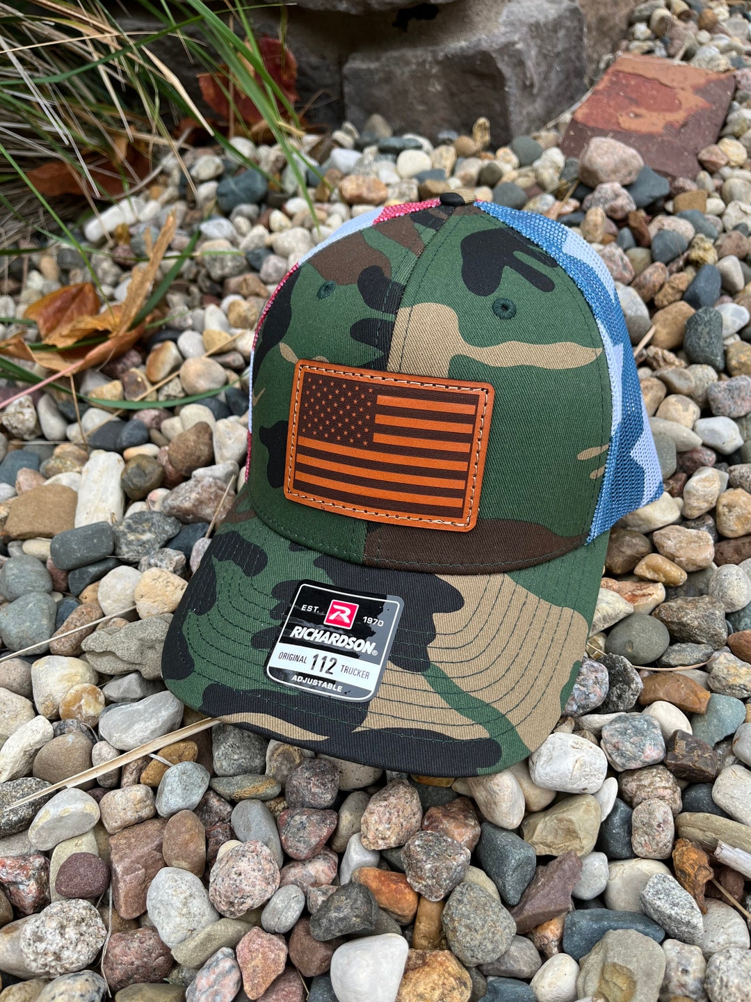 American Flag Richardson 112PM Laser Engraved Leather Patch Hat-hand Stitched Real Leather ...