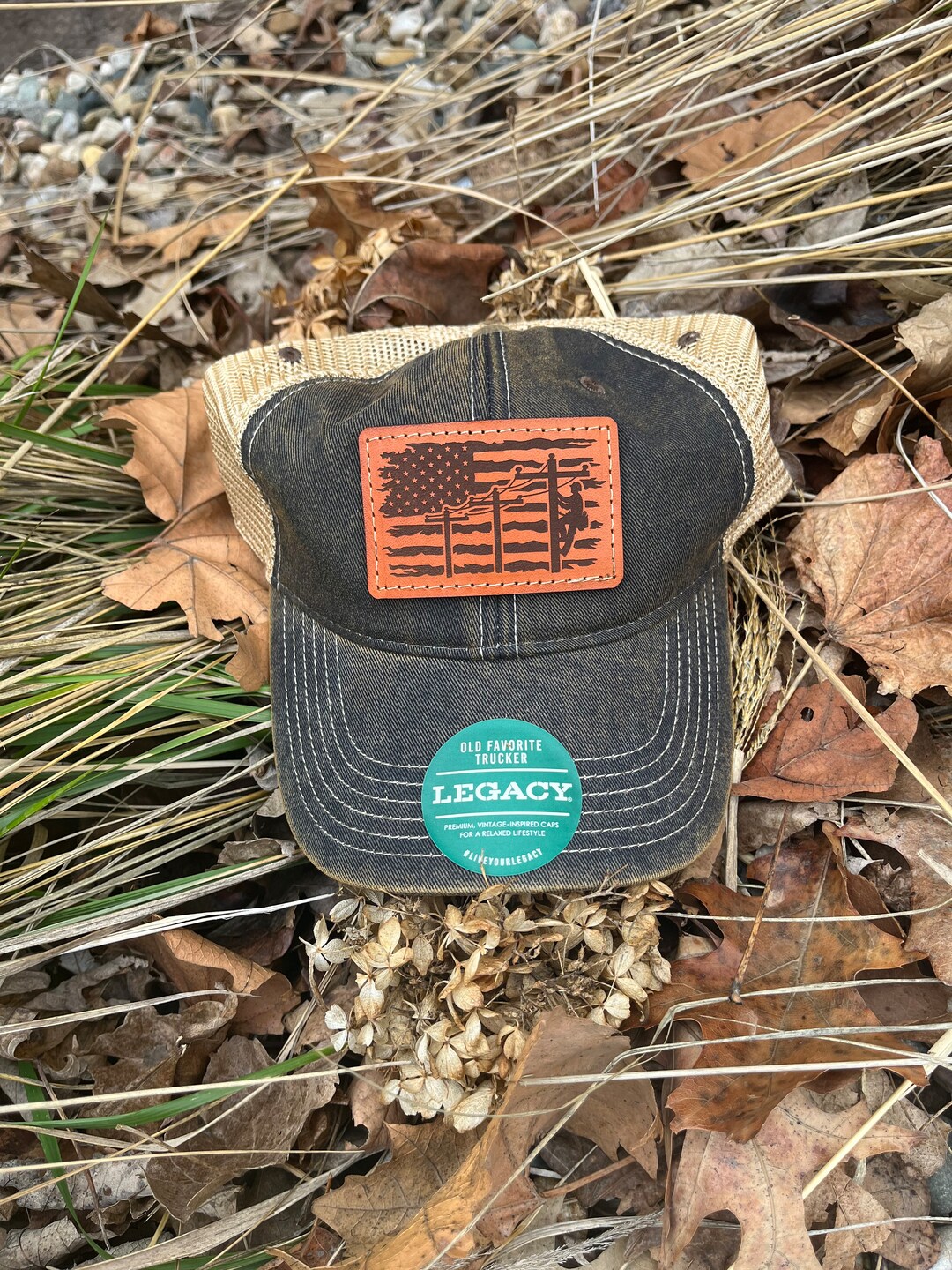Legacy Hats OFA Laser Engraved Leather Patch Unstructured Hat- Lineman ...