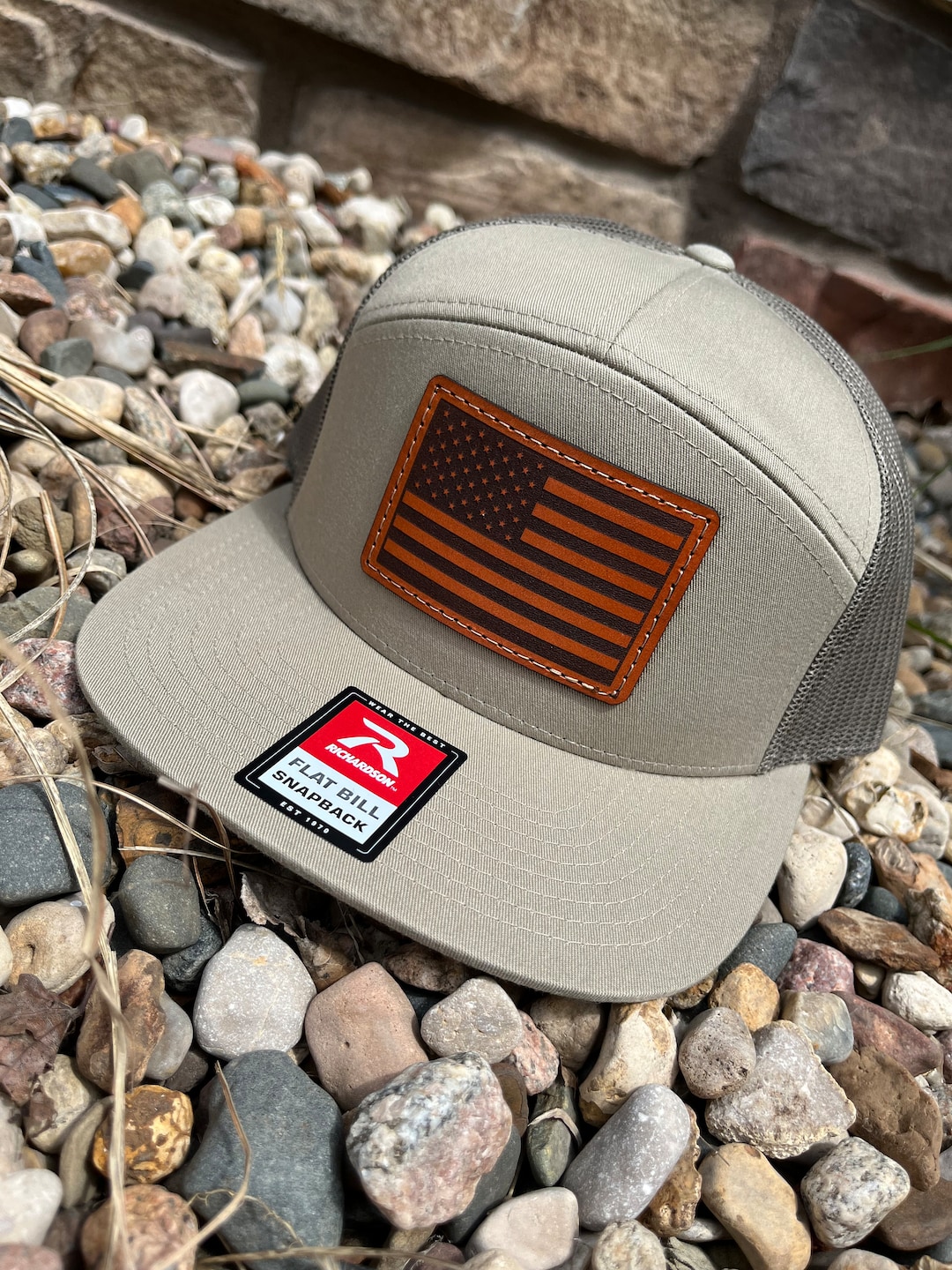 Richardson 168 Flat Bill Snapback Laser Engraved Leather Patch Hat ...