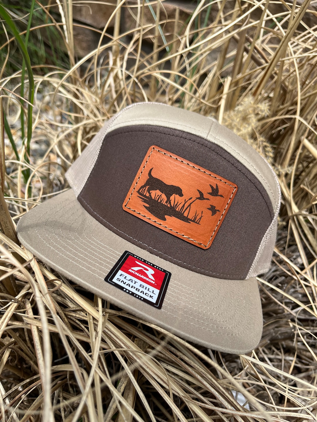 Richardson 168 Flat Bill Snapback Laser Engraved Leather Patch Hat-hunting Dog With Ducks ...