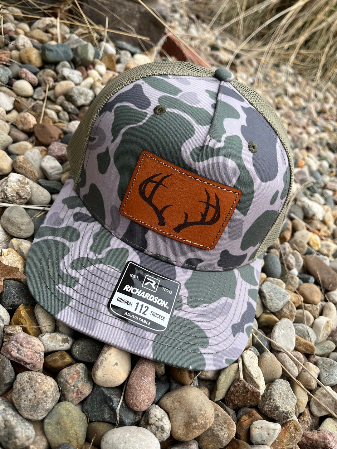 Richardson 112FP Laser Engraved Leather Patch Hat-deer Antler Patch Hand Stitched Real Leather ...