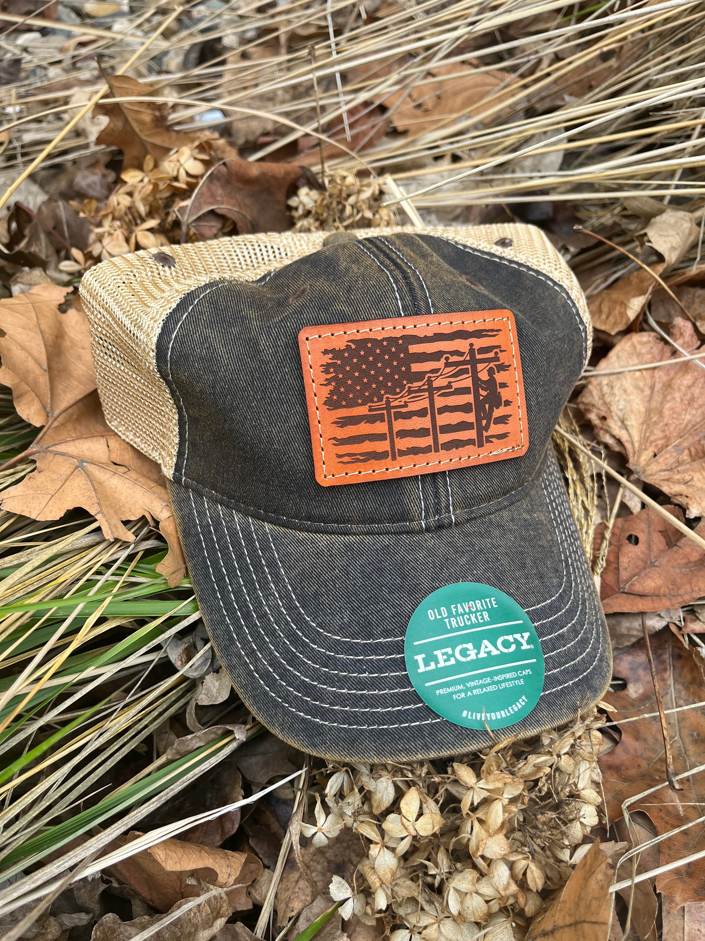 Legacy Hats OFA Laser Engraved Leather Patch Unstructured Hat- Lineman ...