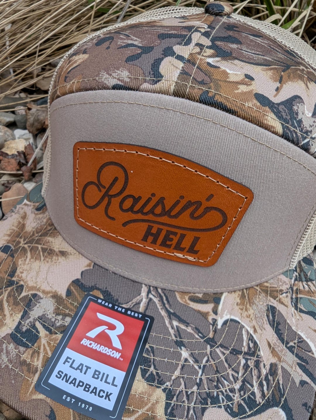 Raisin' Hell Richardson 168P Flat Bill Snapback Laser Engraved Leather Patch Hat- Hand Stitched ...