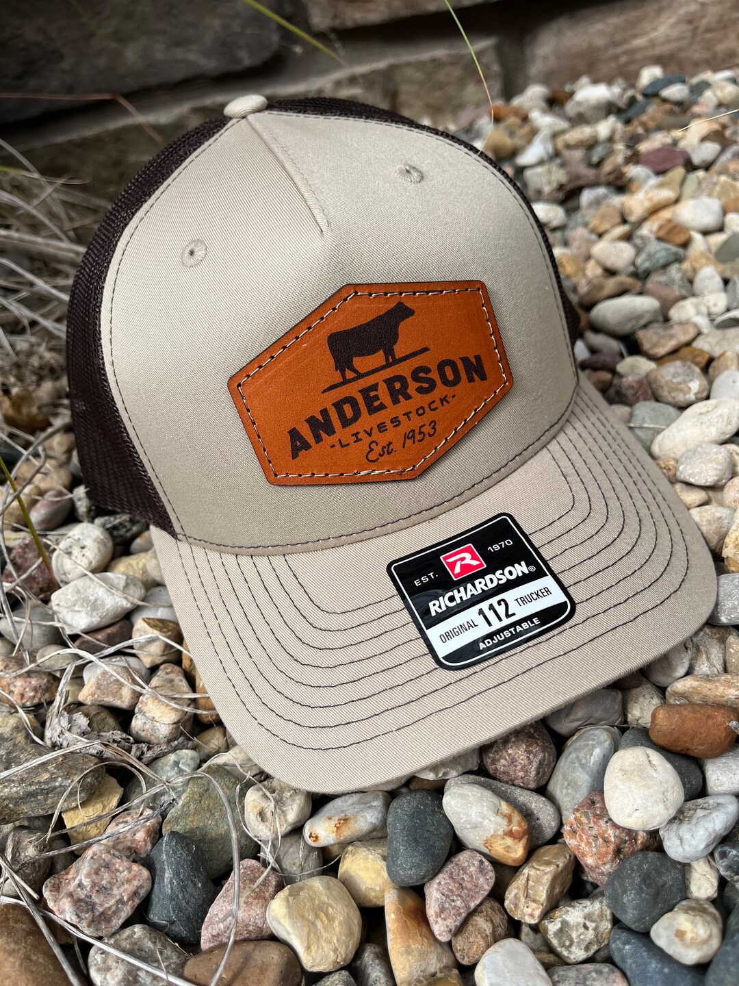 Richardson 112FP Laser Engraved Leather Patch Hat- Custom Farm Name With Established Date Hand ...