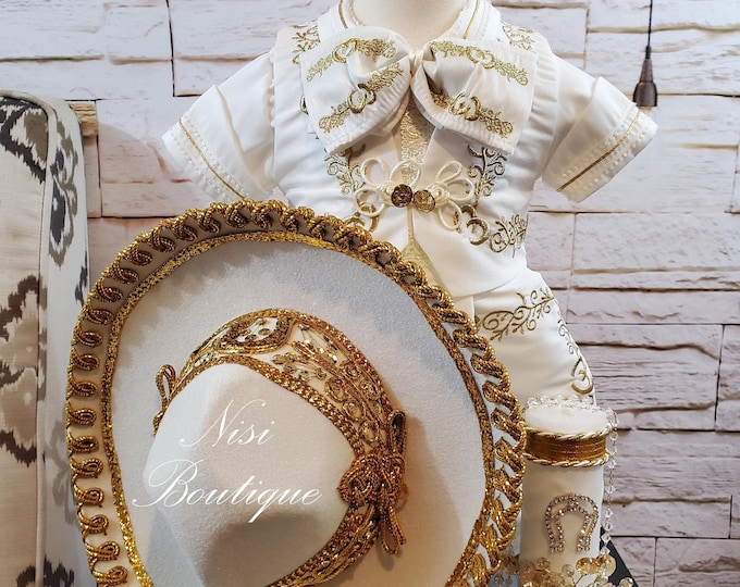 Beautiful 9 Pieces Boy Charro Suit, Beige With Gold, With Hat, Candle ...