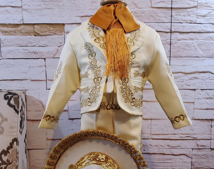 Beautiful 6 Pieces Boy Charro Suit, Beige With Gold Charro Suit With ...