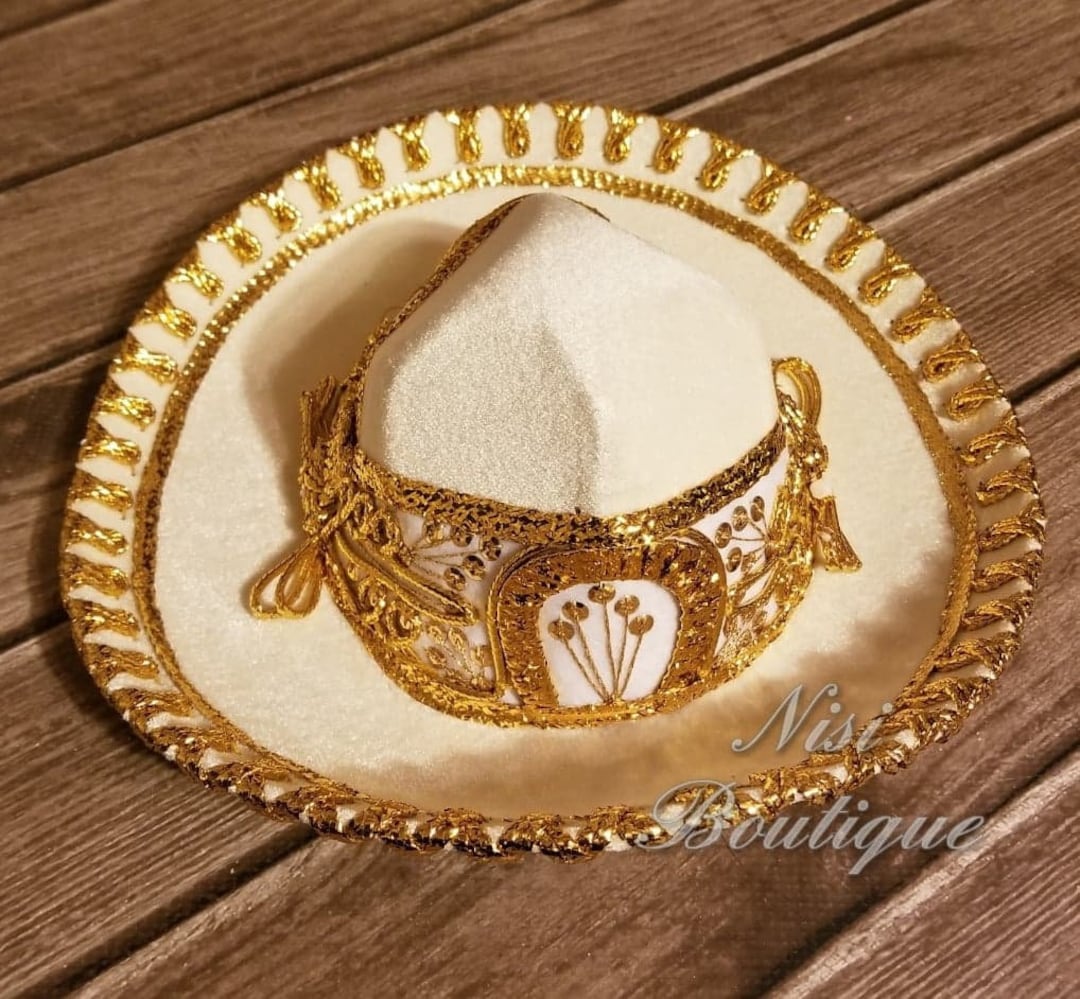 Beautiful Mexican Hand Embroidery Charro Hat, Ivory With Gold Charro ...