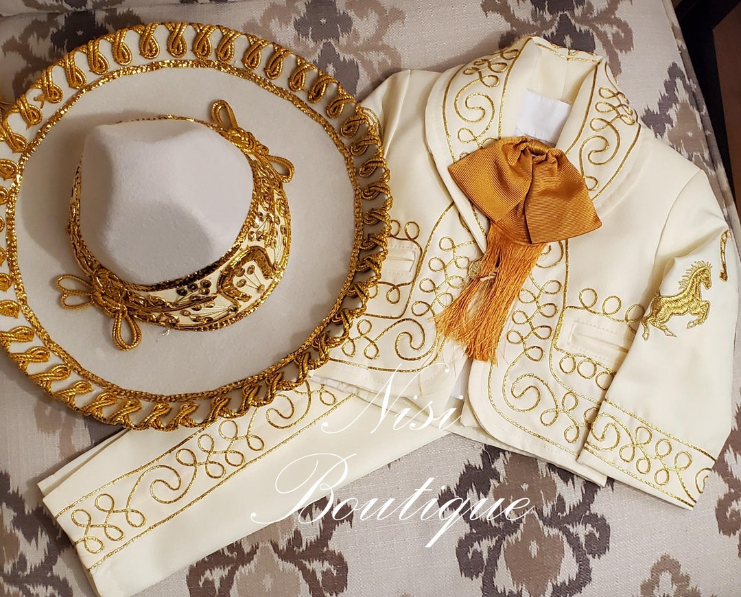 Beautiful 6 Pieces Boy Charro Suit, Beige With Gold Charro Suit With ...