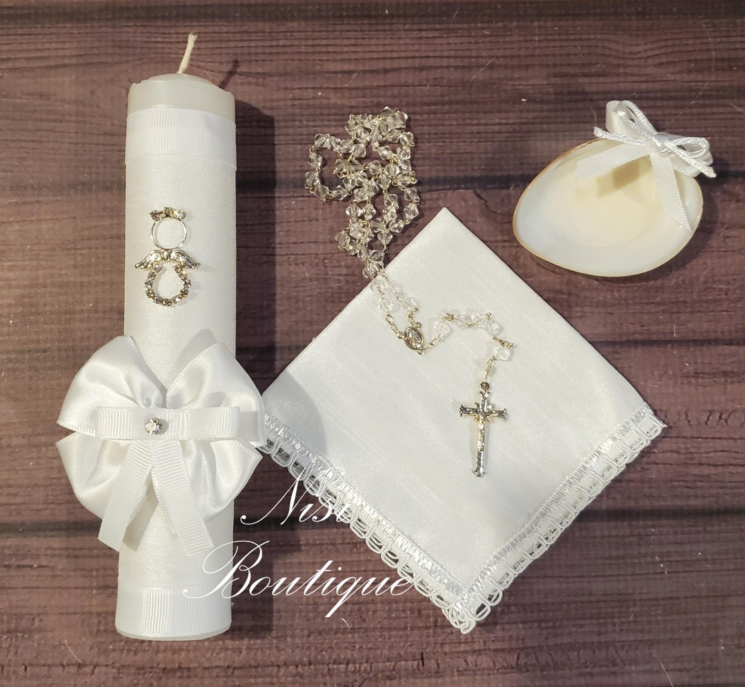 Beautiful Baptism Candle Set, Christening 4 Pieces Set, White, Handmade ...