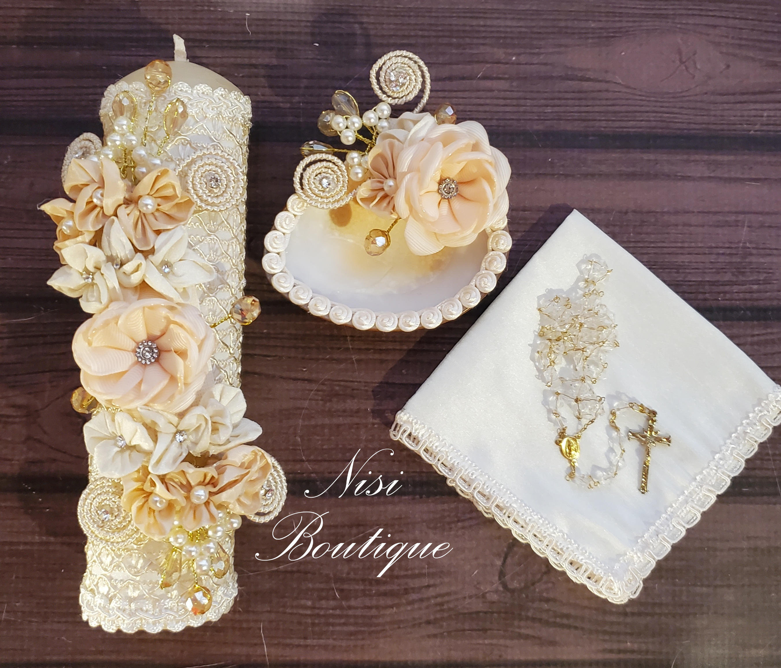Beautiful Baptism Candle Set, Christening 4 Pieces Set, Ivory Salmon ...