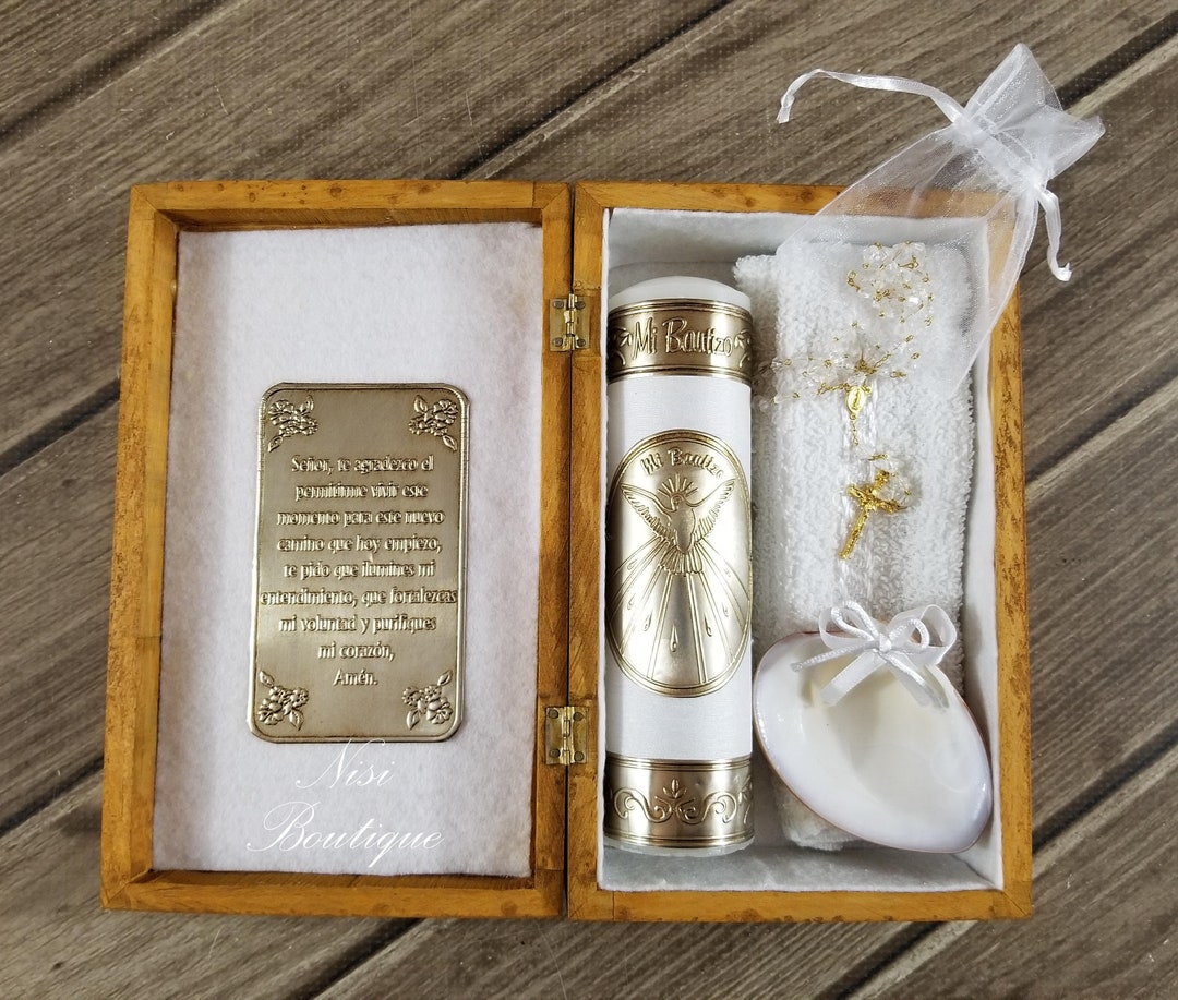 Beautiful Baptism Wood Box Holy Spirit Candle Set, Christening 6 Pieces ...