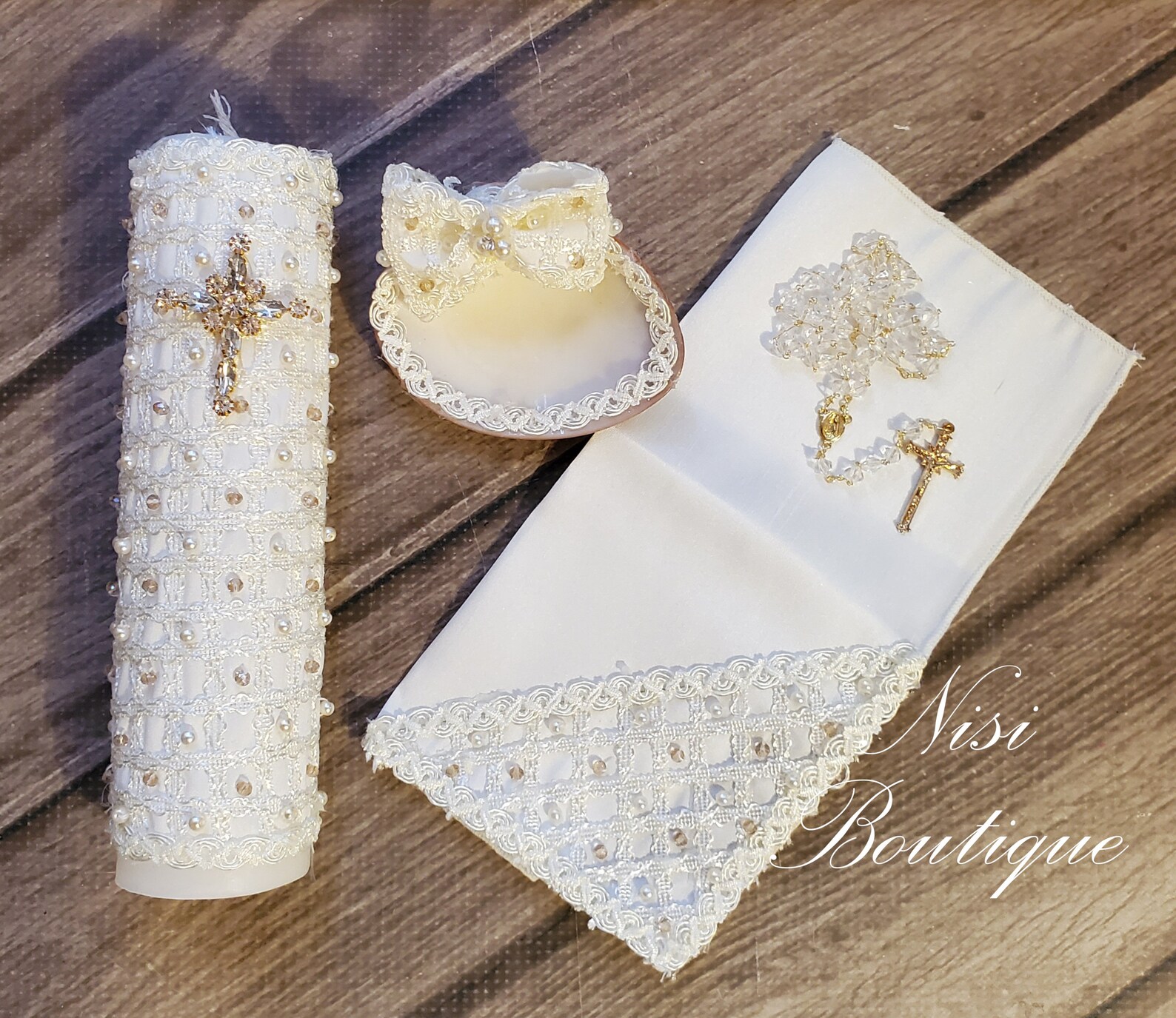Beautiful Baptism Candle Set, Christening 4 Pieces Set, Ivory, Handmade ...