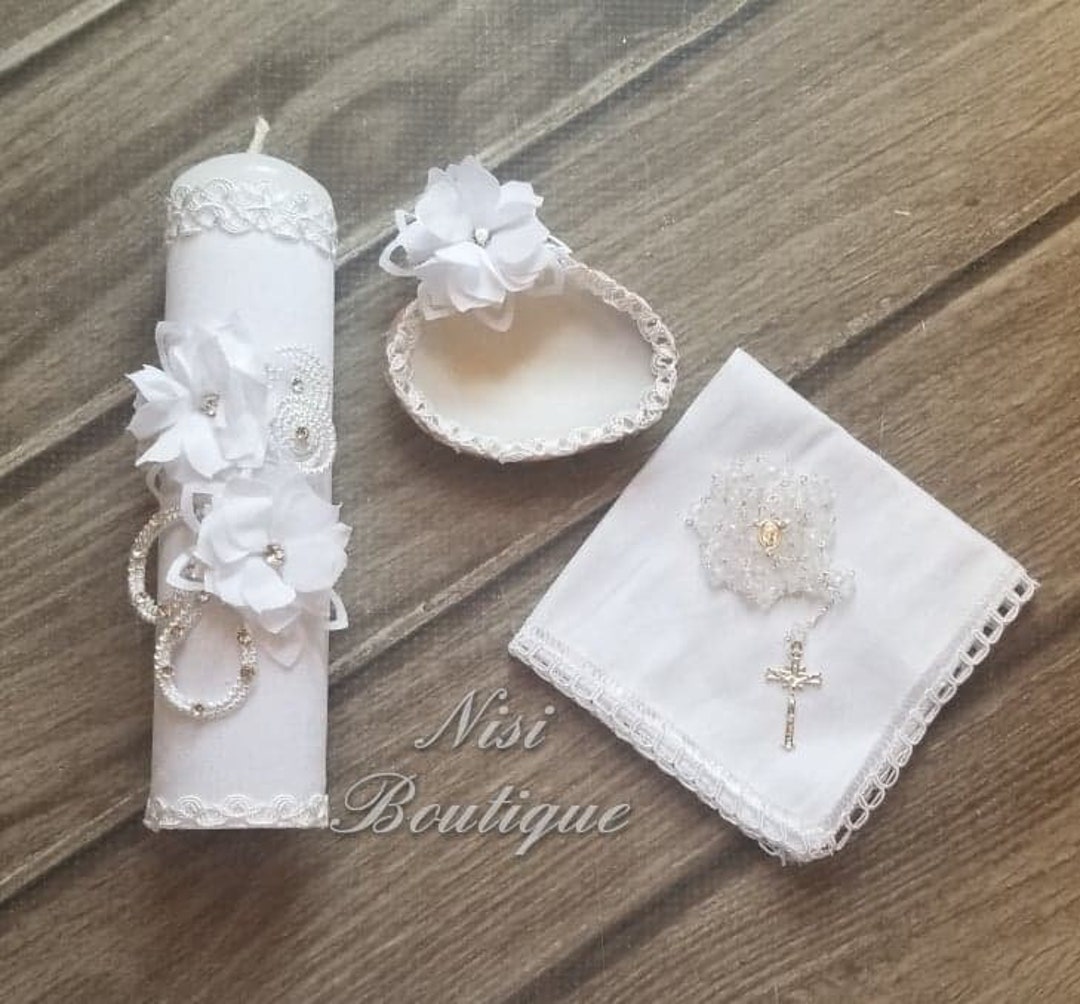 Beautiful 4 Pieces Baptism Candle Set, White Baptism Set, Baptism ...