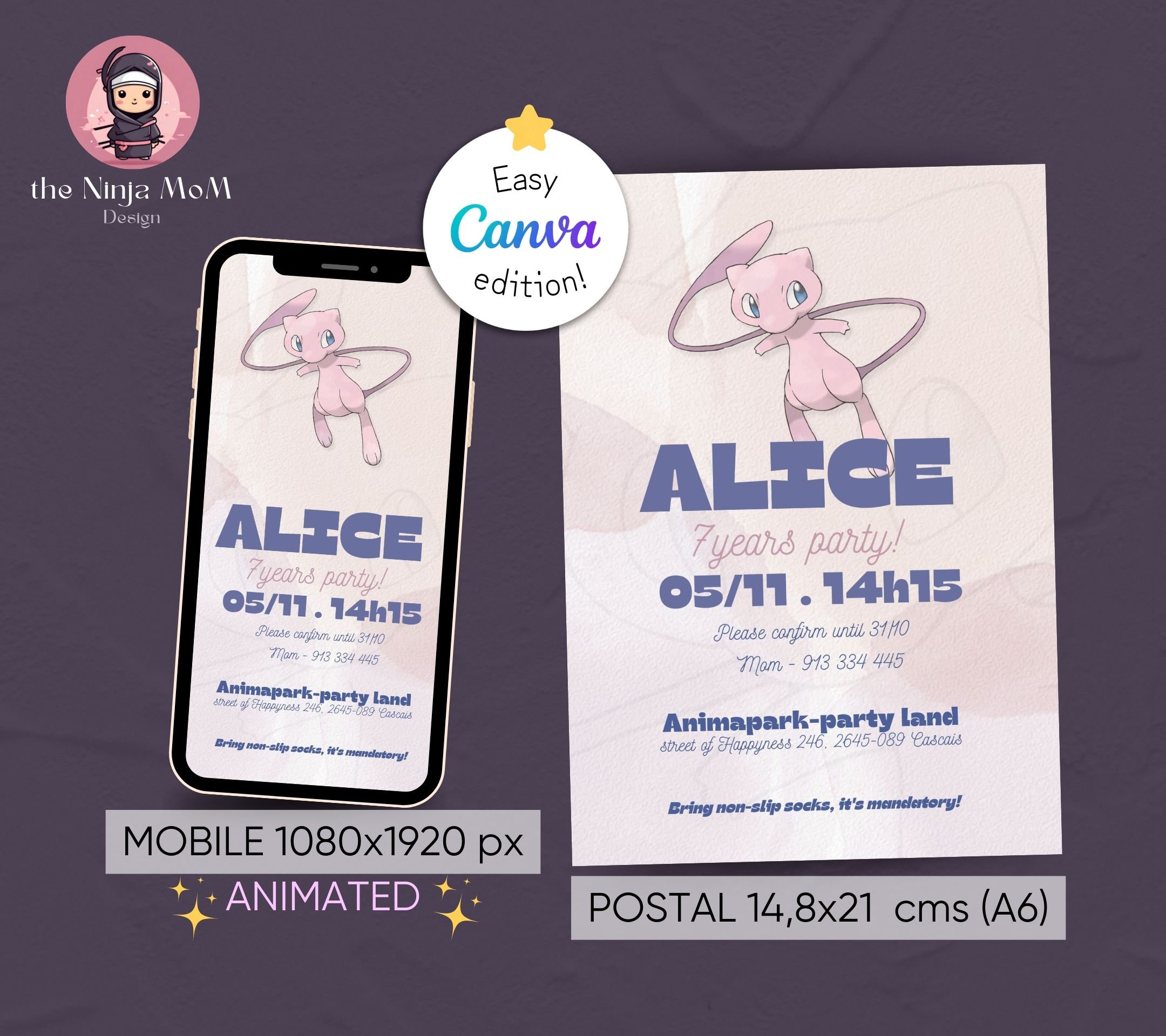 MEWTWO CHIBI POKEMON Invitation for Girls | Pink Party Invitation ...