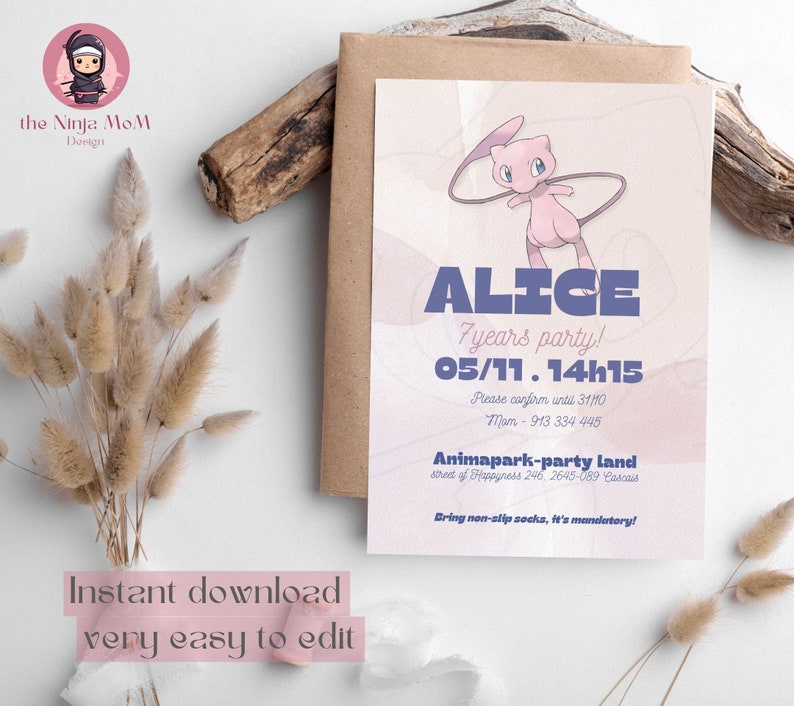 MEWTWO CHIBI POKEMON Invitation for Girls | Pink Party Invitation ...