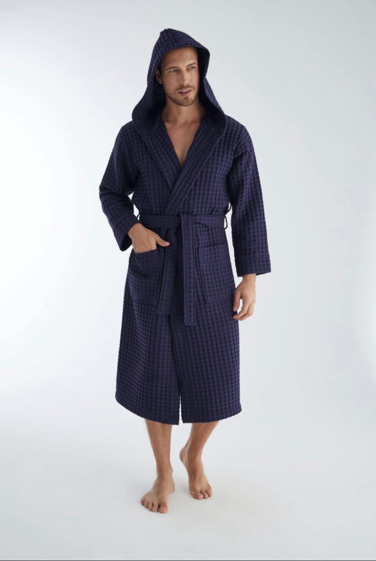 Luxurious Waffle Bamboo Hooded Bathrobe Gray/ White Mens Robe - Etsy
