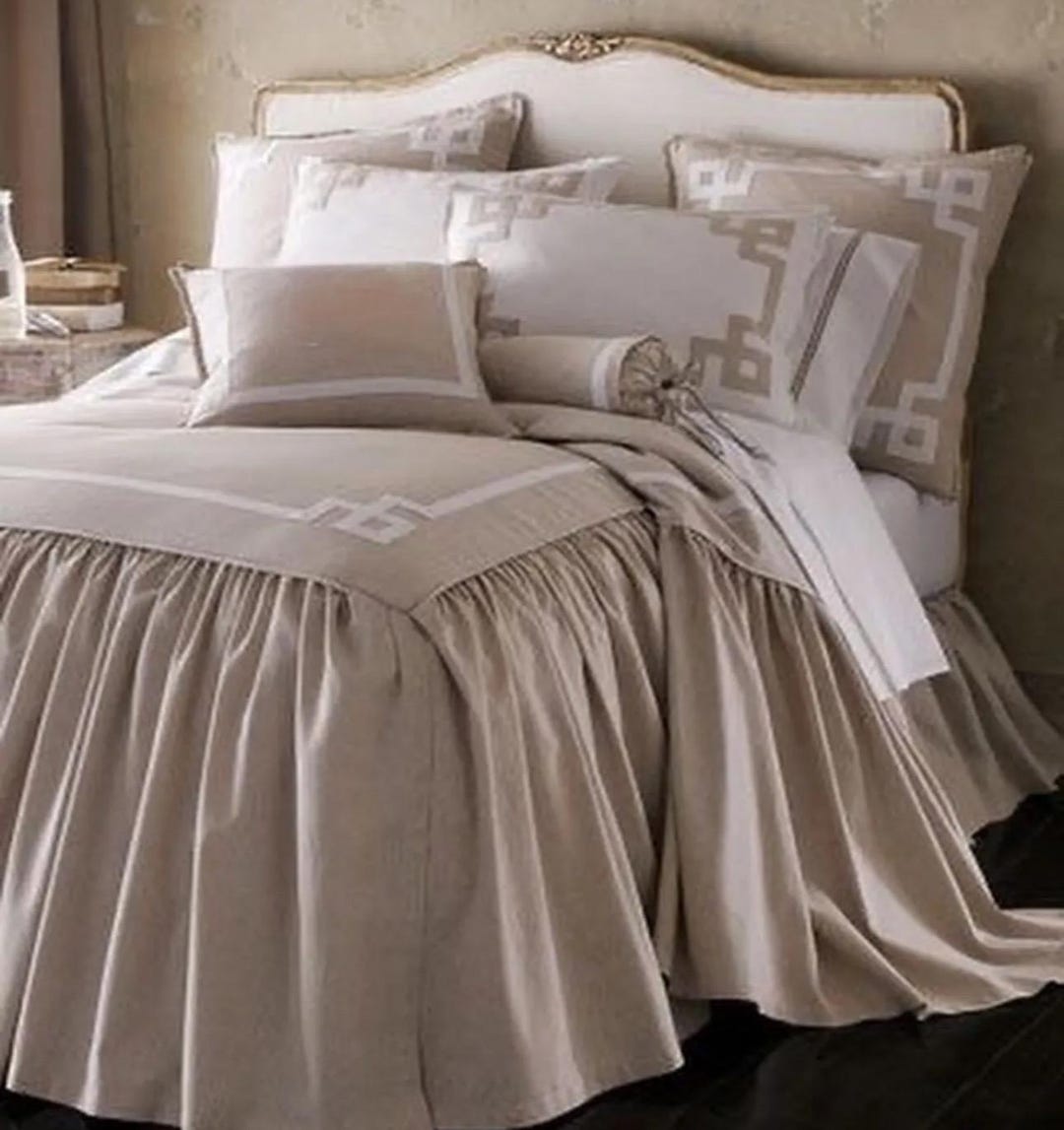 Luxury Linen Blend Greek Key Beige, White Bedding Set – European ...