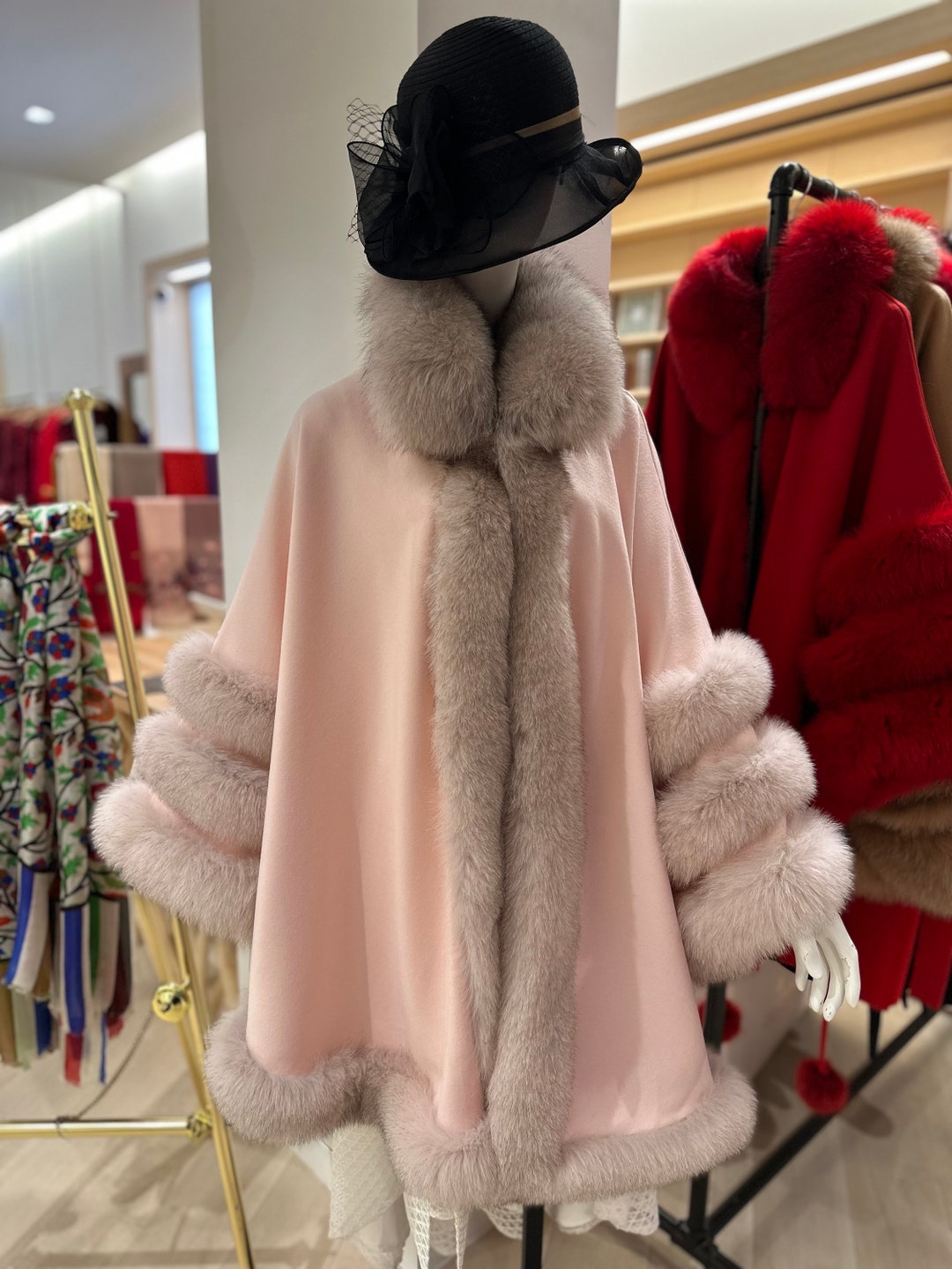 Fur , Fox Fur , Cashmere Pancho, Cape Fox Trim Poncho, Womens Poncho, Fox Fur Poncho, Fall ...