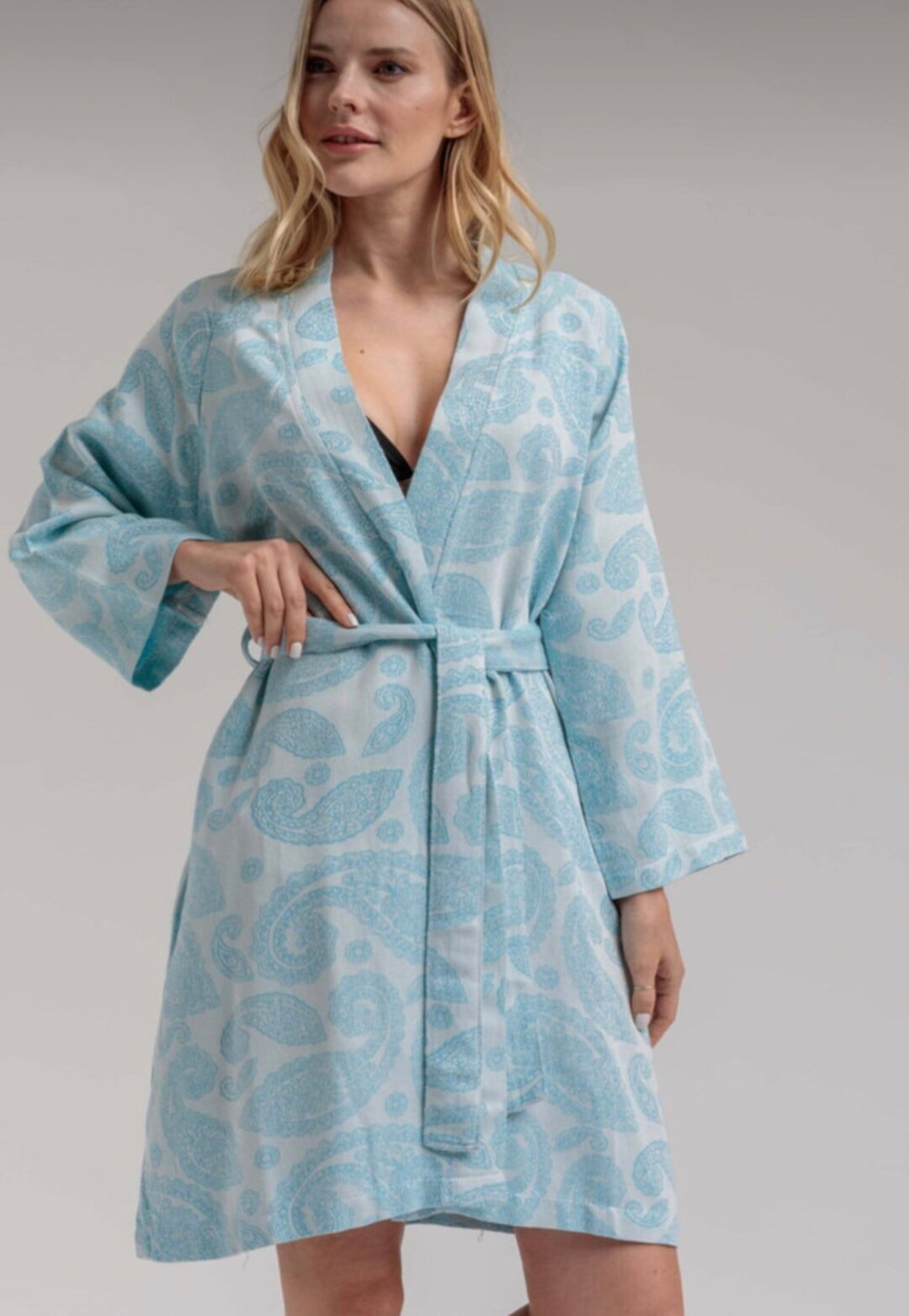 Blue Turkish Cotton Peshtemal Kimano Bathrobe,paisley Lighweigt Turkish ...