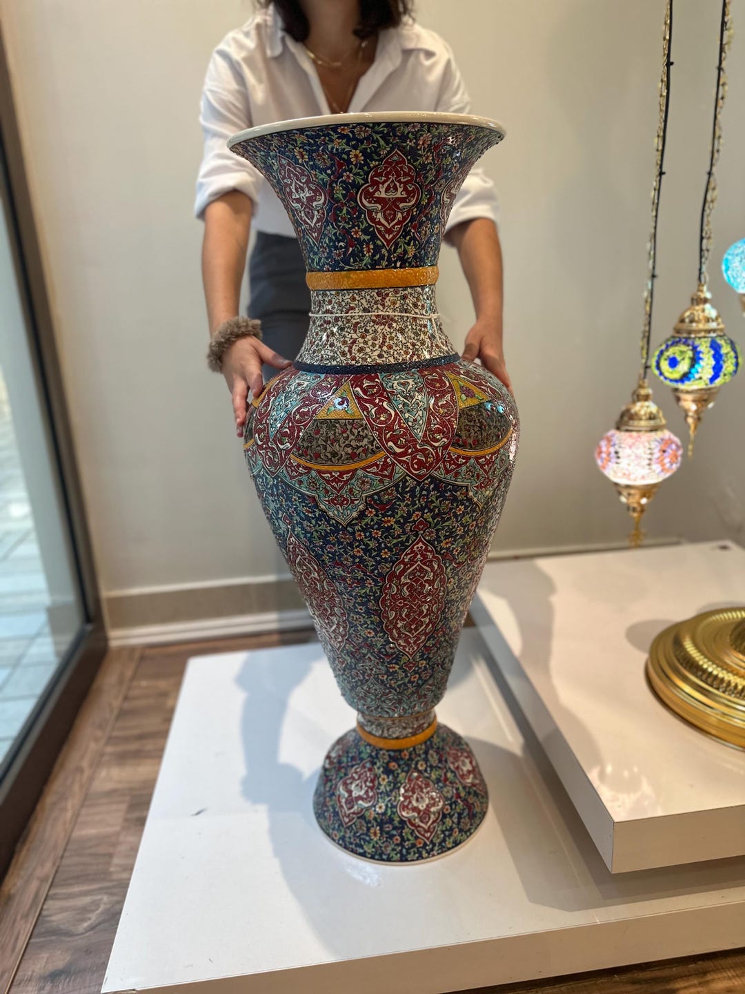 Oversized Red& Blue Vase, Handpainted Turkish Ceramic Art, Housewarming ...