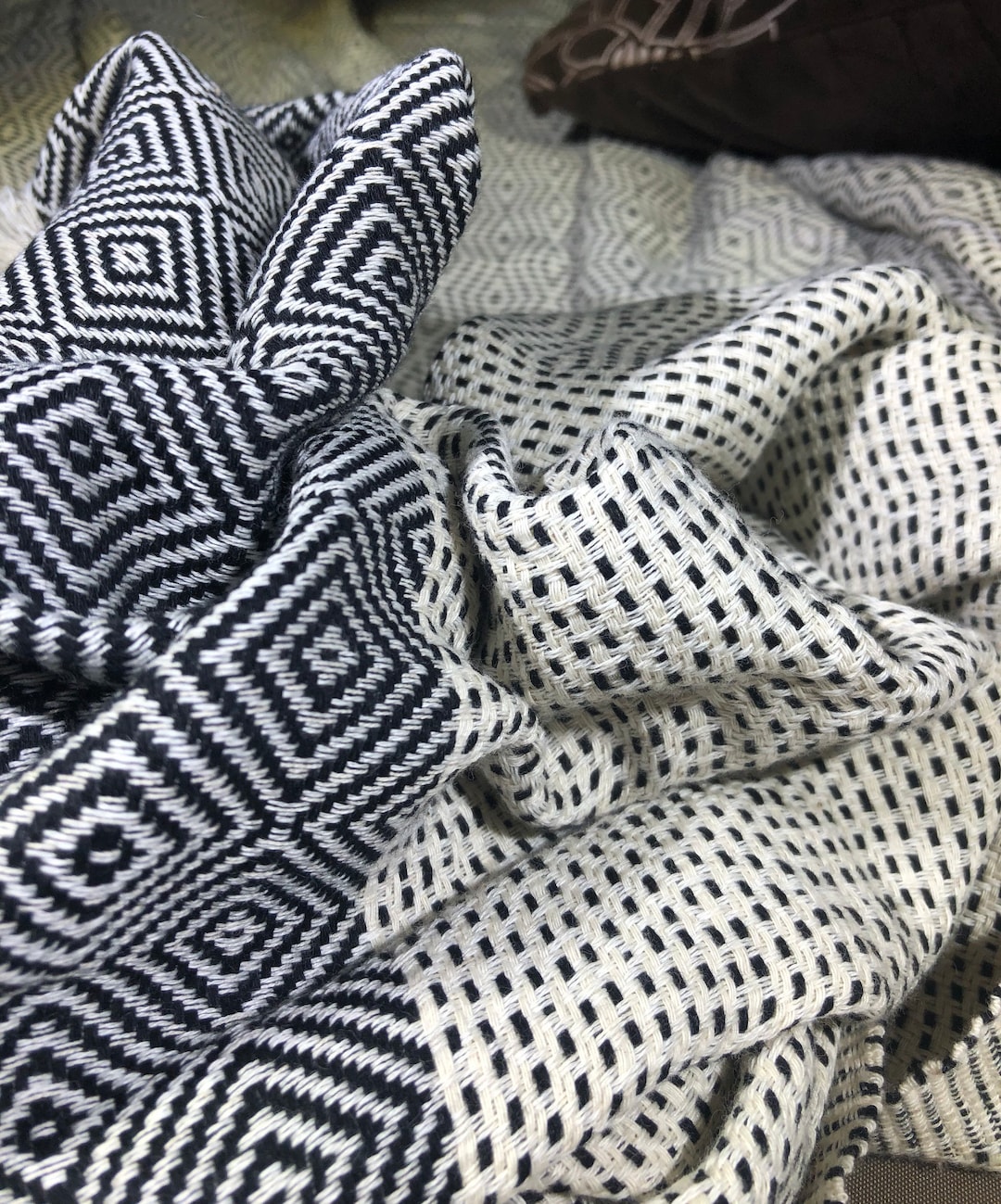 Turkish Cotton Blanket in White/black Lightweight Blanket, Cotton Bed ...