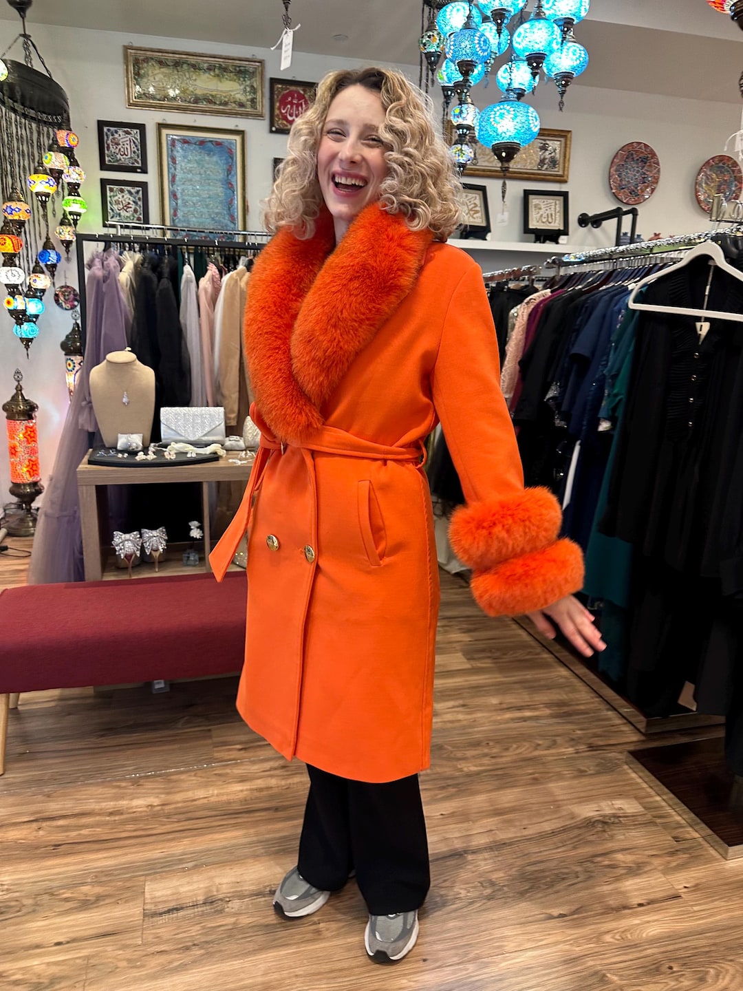 Orange Fox Fur, Cashmere Coat, Coat Fox Trim Poncho, Women’s Winter ...