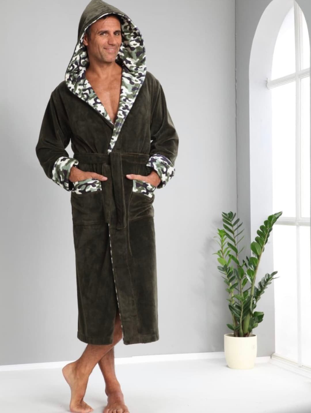 Luxurious Mens Hooded Bathrobe, Dark Green Turkish Organic Cotton ...