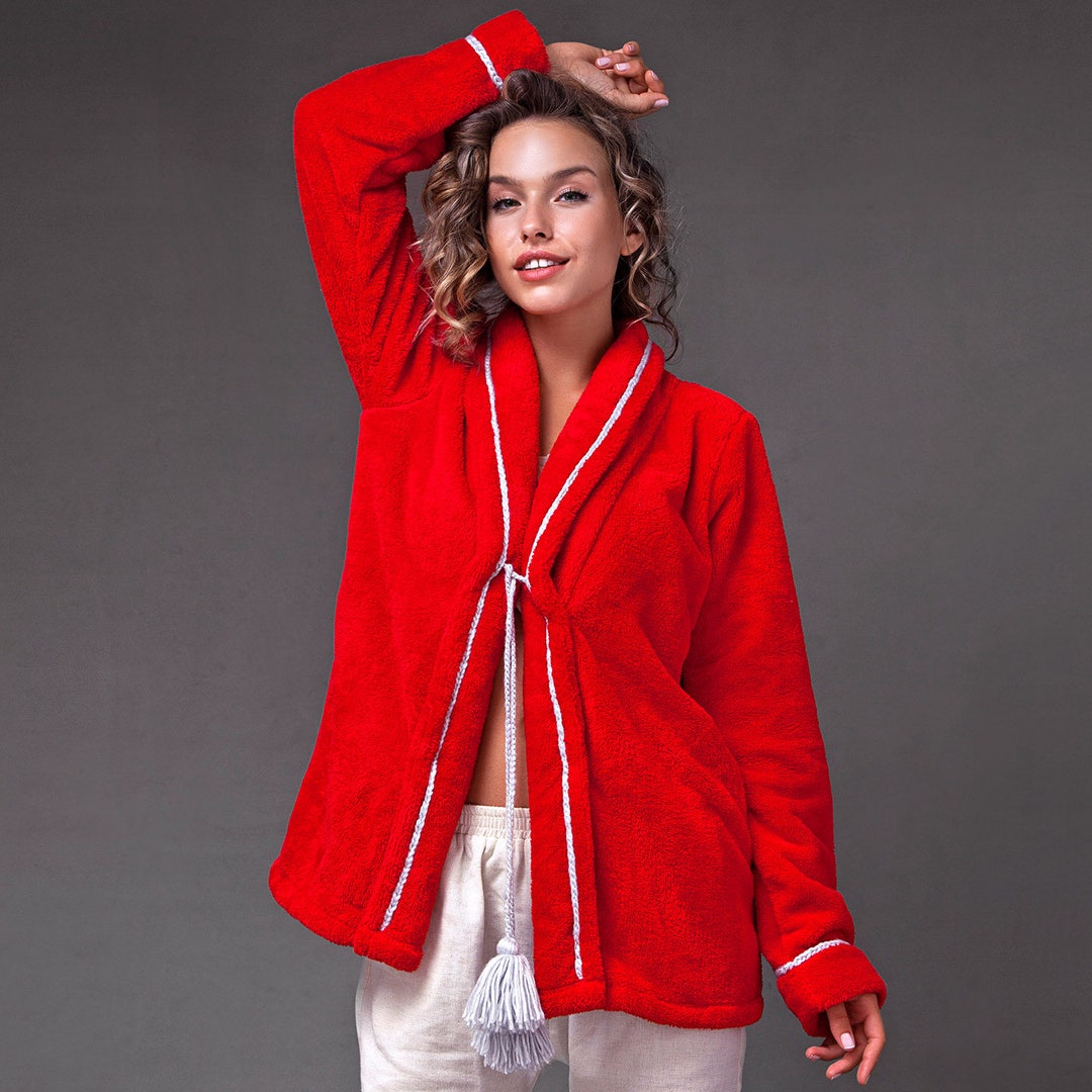 Red Warm Short Robe I Faux Fur Jacket I Homewear I Bathrobe I Fluffy ...