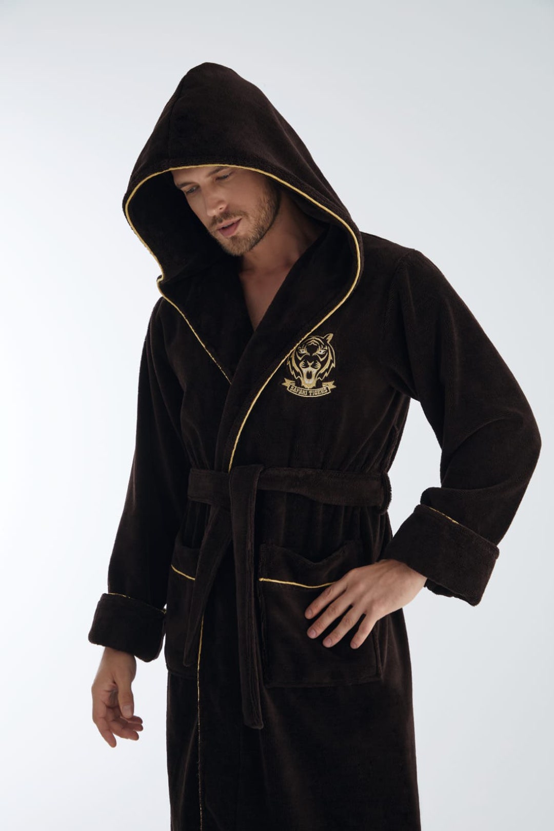 Lion Luxurious Mens Hooded Bathrobe Dark Brown Turkish Organic Cotton ...
