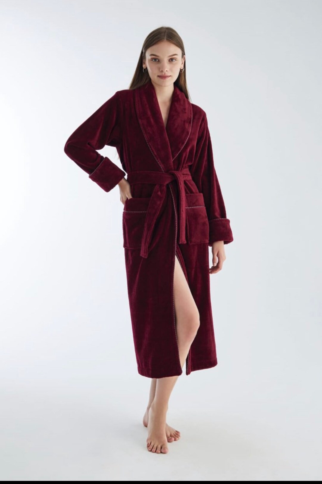 Luxurious Warm Woman Burgundy Robe,woman Long Luxury Bamboo Bathrobe ...