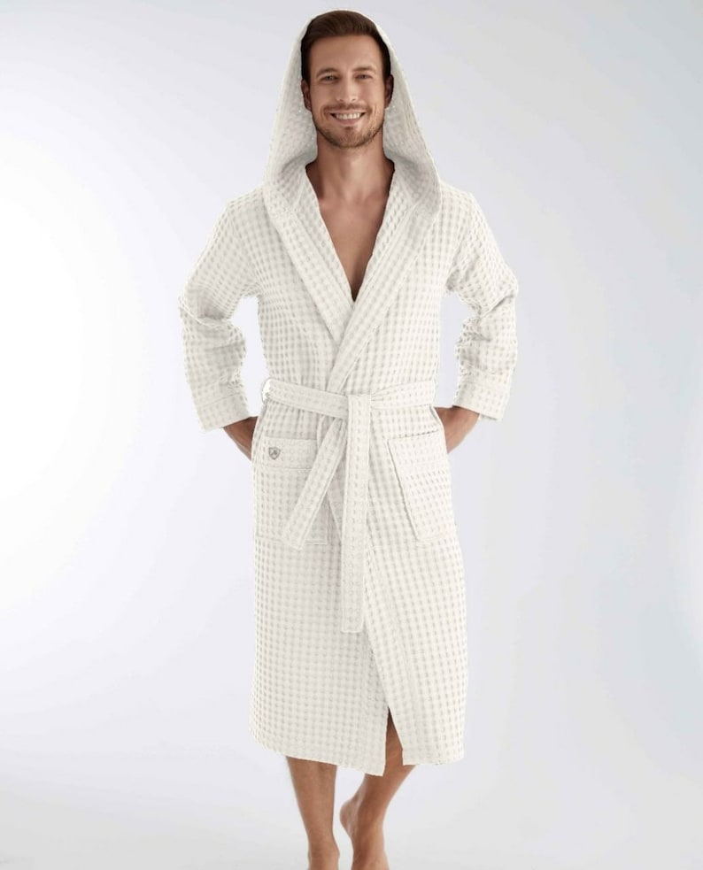 Luxurious Waffle Bamboo Hooded Bathrobe Gray/ White Mens Robe - Etsy