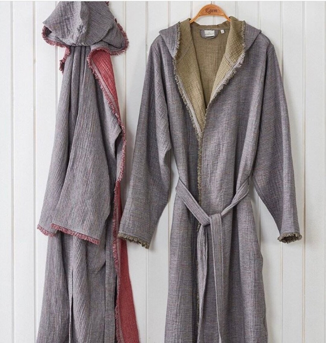 Pamuk Men/women Hooded Certified Organic Muslin Robe, Turkish Cotton ...