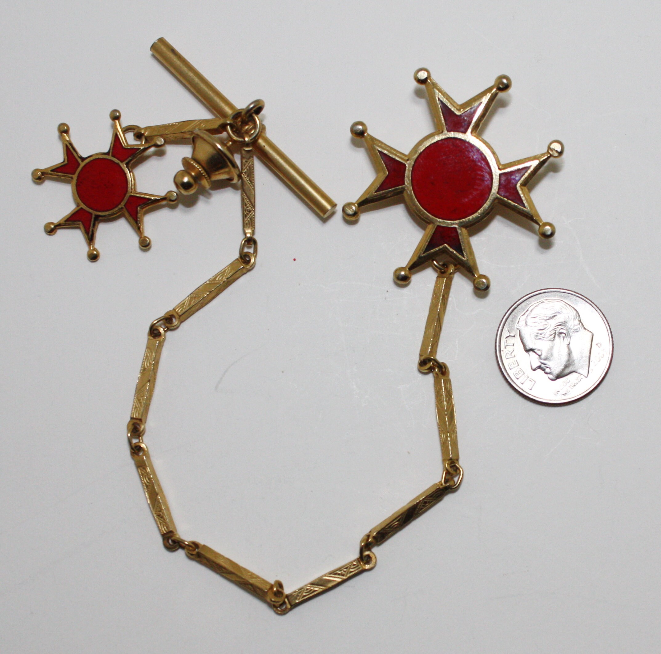 Stunning Vintage Double Maltese Cross Red Enamel Gold Tone Brooch Chain Pin