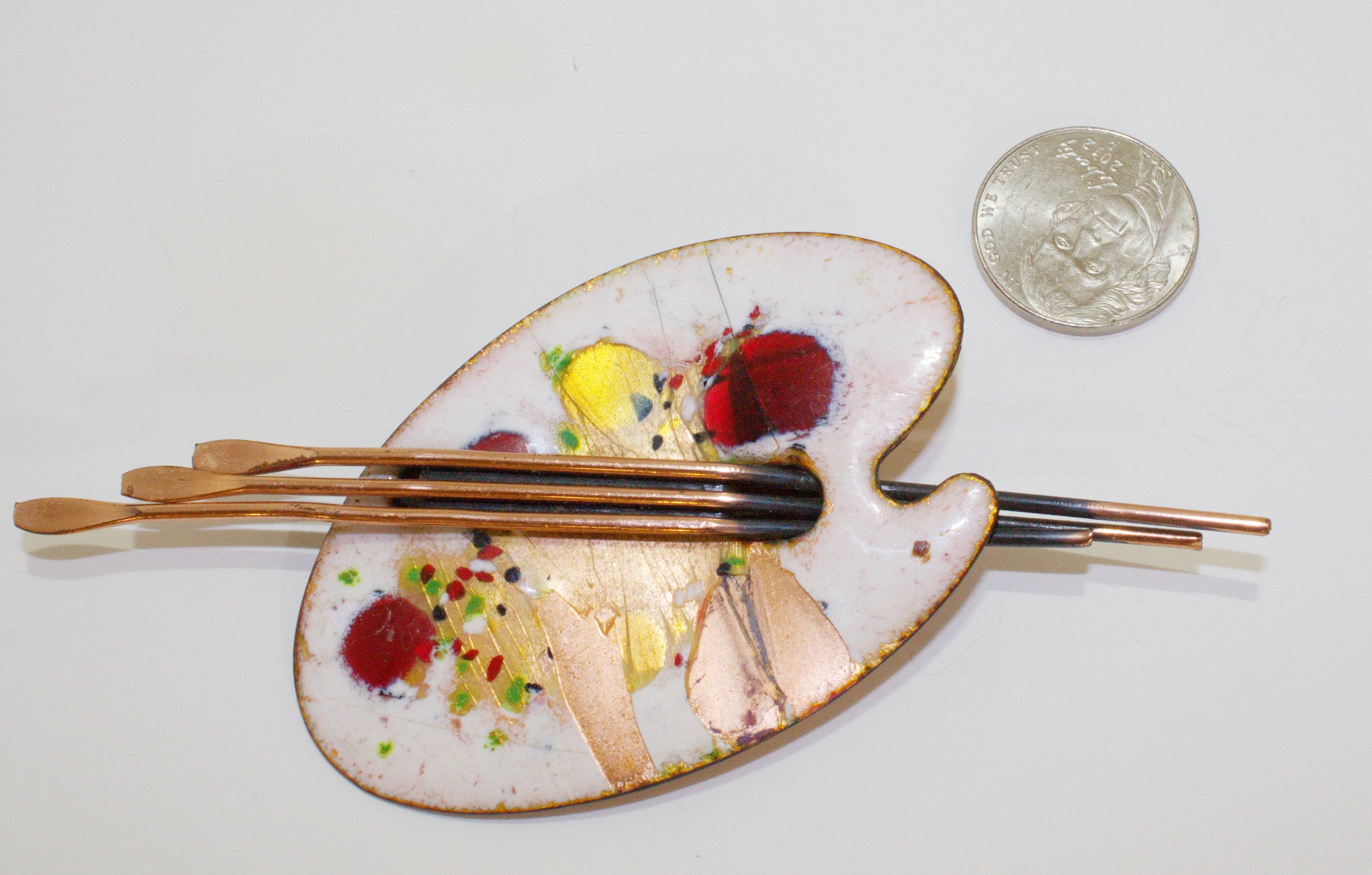 Impressive Handmade Enameled Artisan Painters Palette Copper Brooch