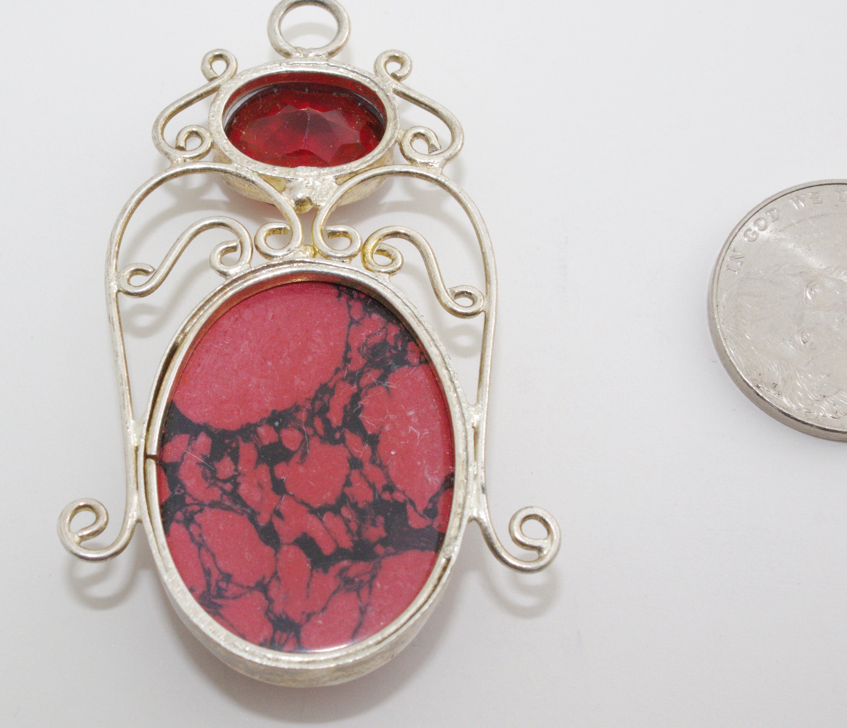 Lovely Vintage Red Rhinestone and Red Howlite Stone Silver Color ...