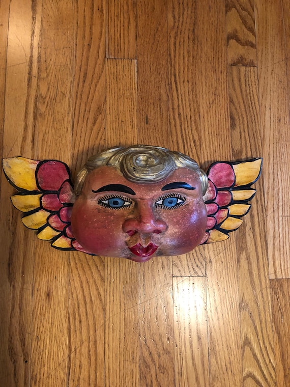 Vintage Hand carved angel face with wings | Etsy