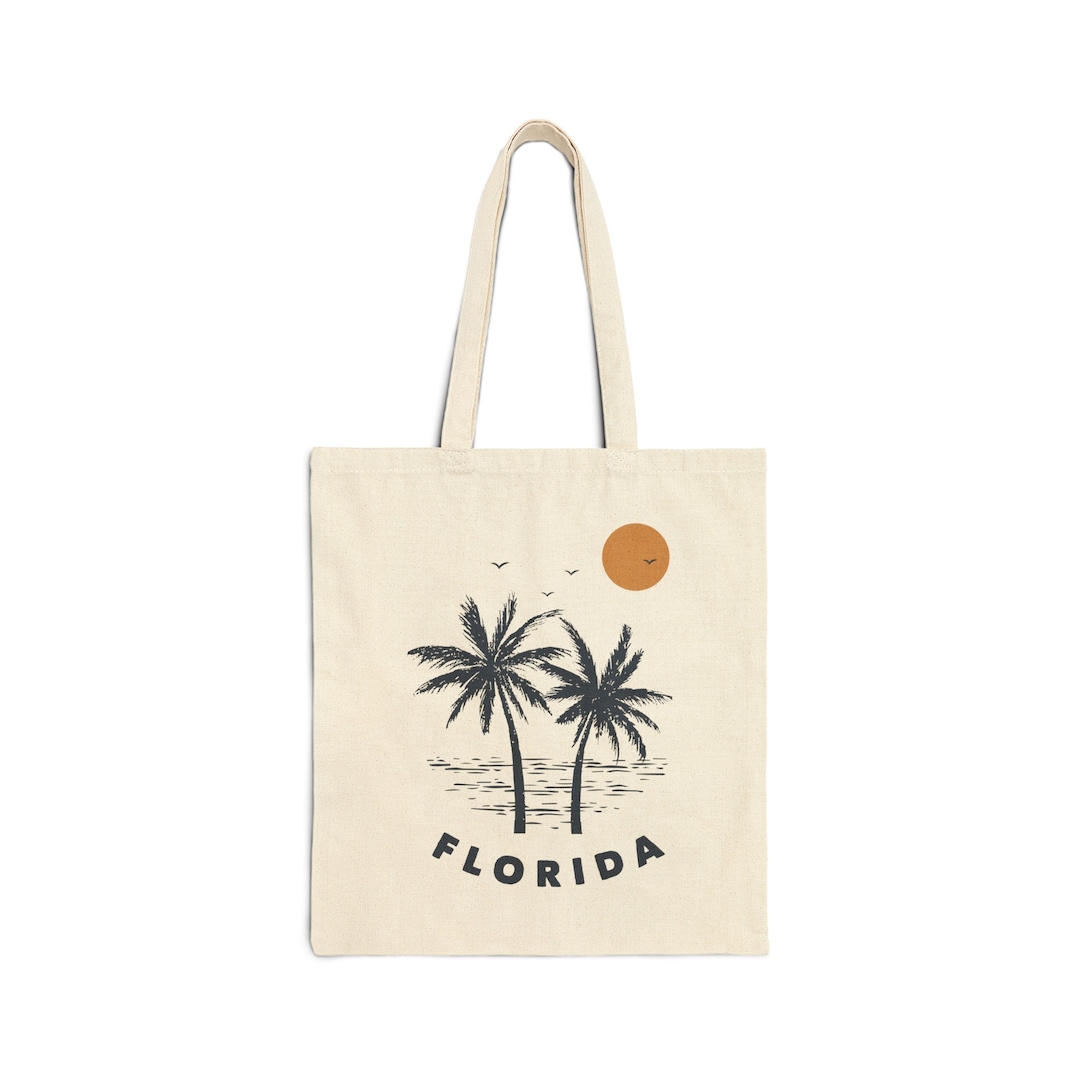 Florida Tote Bag (15" X 16"): Cotton Canvas Beach Bag, Palm Tree Design ...