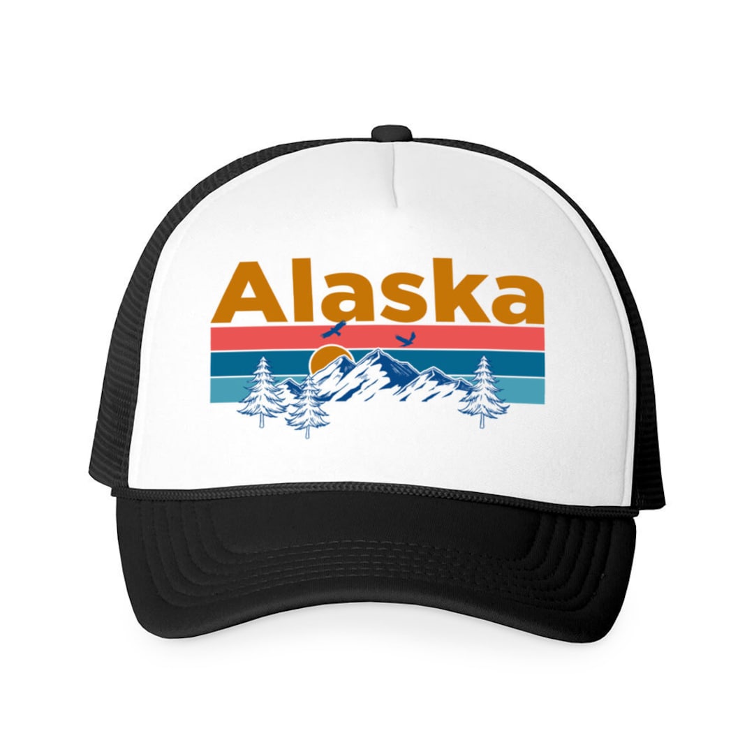 Retro Alaska Trucker Hat, Mountain & Birds Foam Alaska Trucker Cap ...