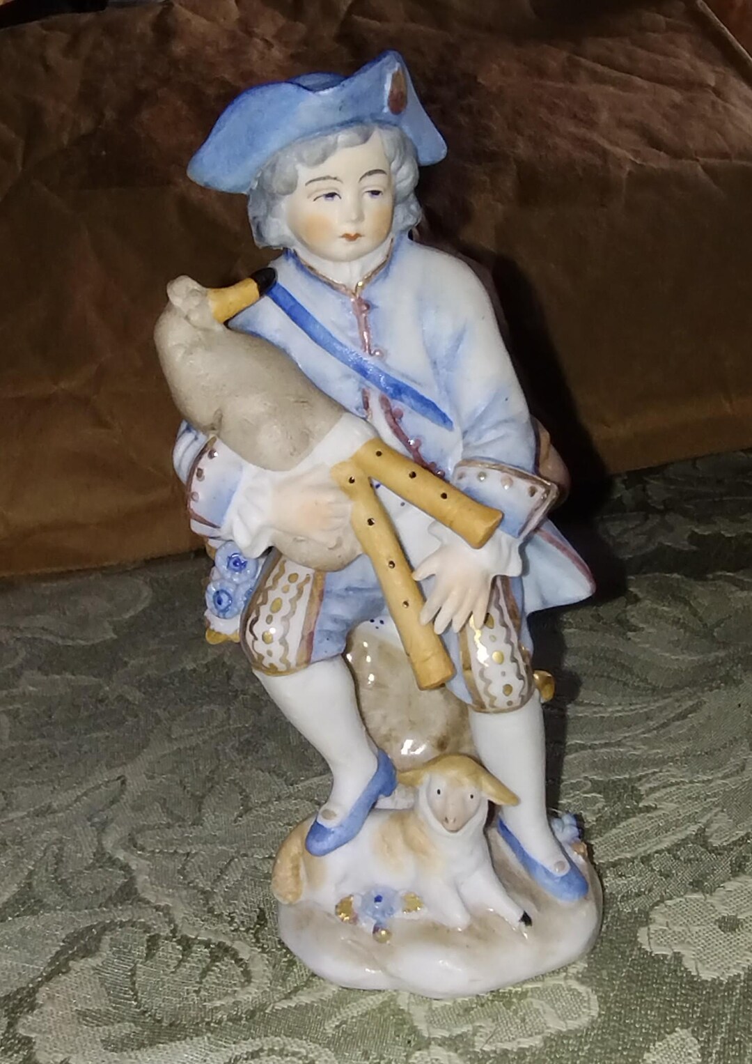 Antique Sitzendorf Porcelain Shepherd Figurine Playing Bagpipes & Lamb ...