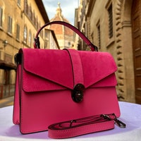 Сrocheted Fuchsia Pink Shoulder Bag With Leather Belt.unusual Bag With ...